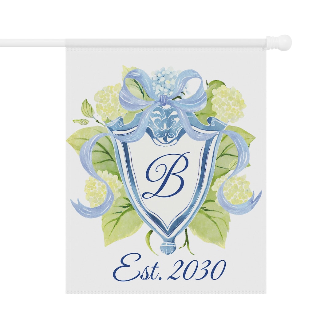 Preppy Blue Bow Hydrangea Monogram Crest Garden Banner Flag, Est ...