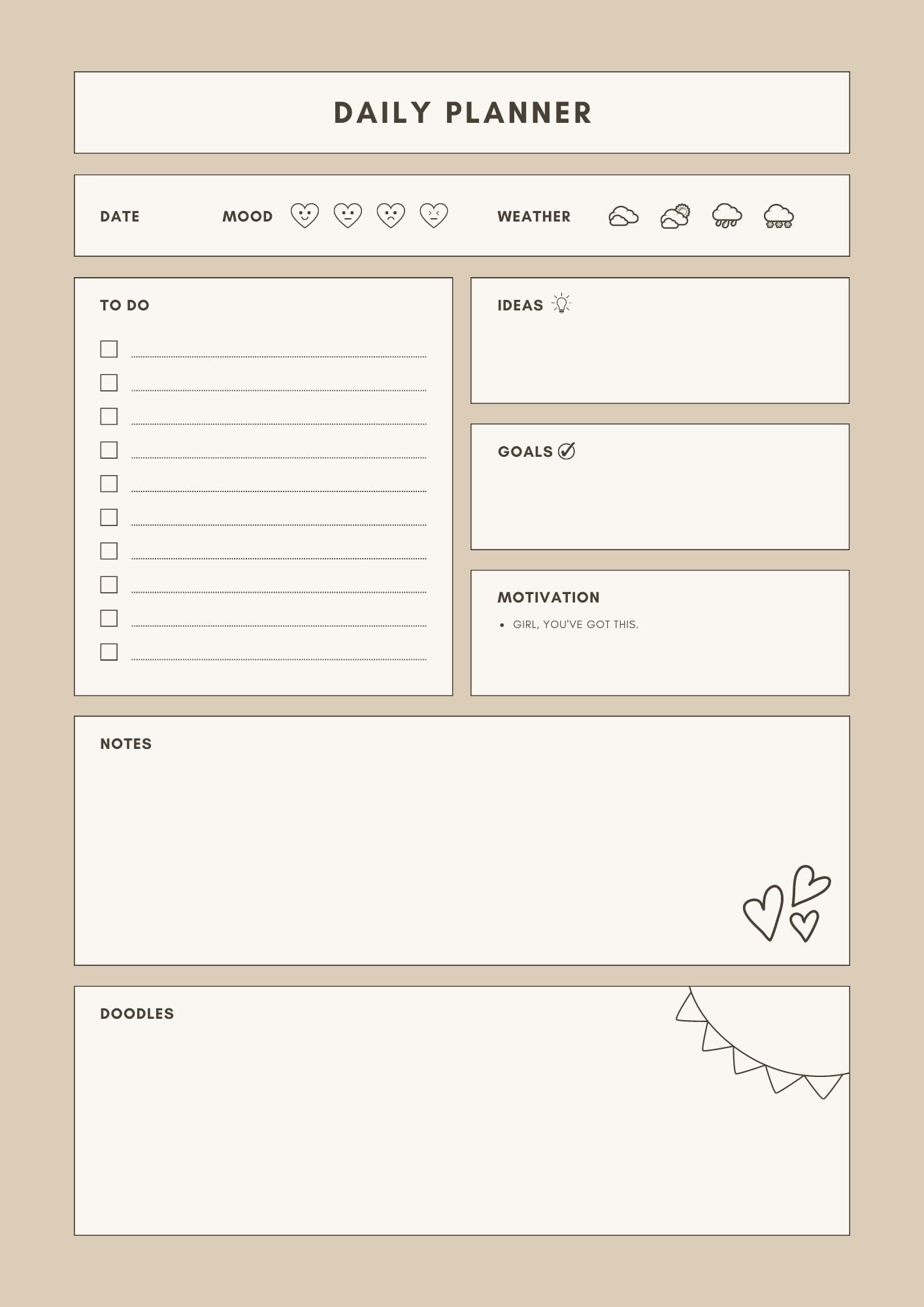 Digital Daily Motivational Beige Planner, Printable Single Page A4/A5 ...