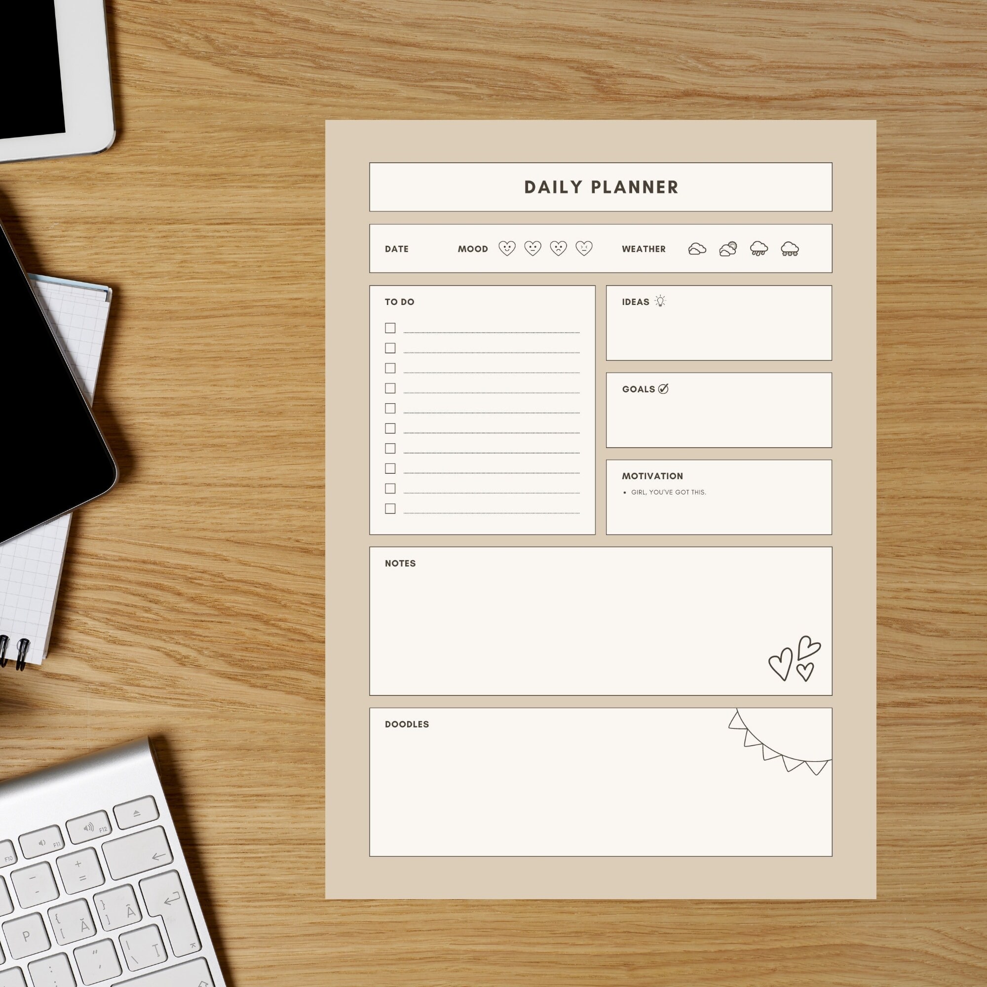 Digital Daily Motivational Beige Planner, Printable Single Page A4/A5 ...