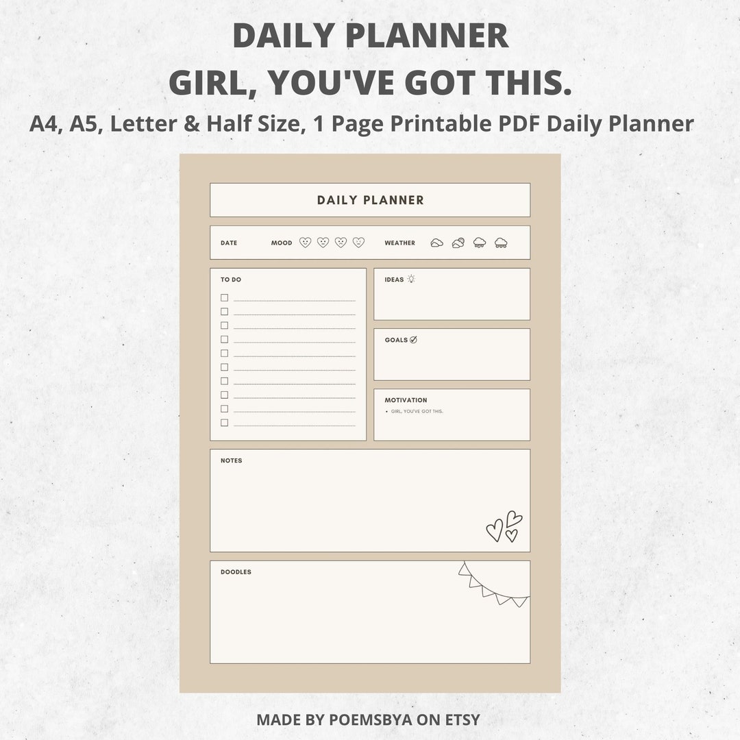 Digital Daily Motivational Beige Planner, Printable Single Page A4/A5 ...