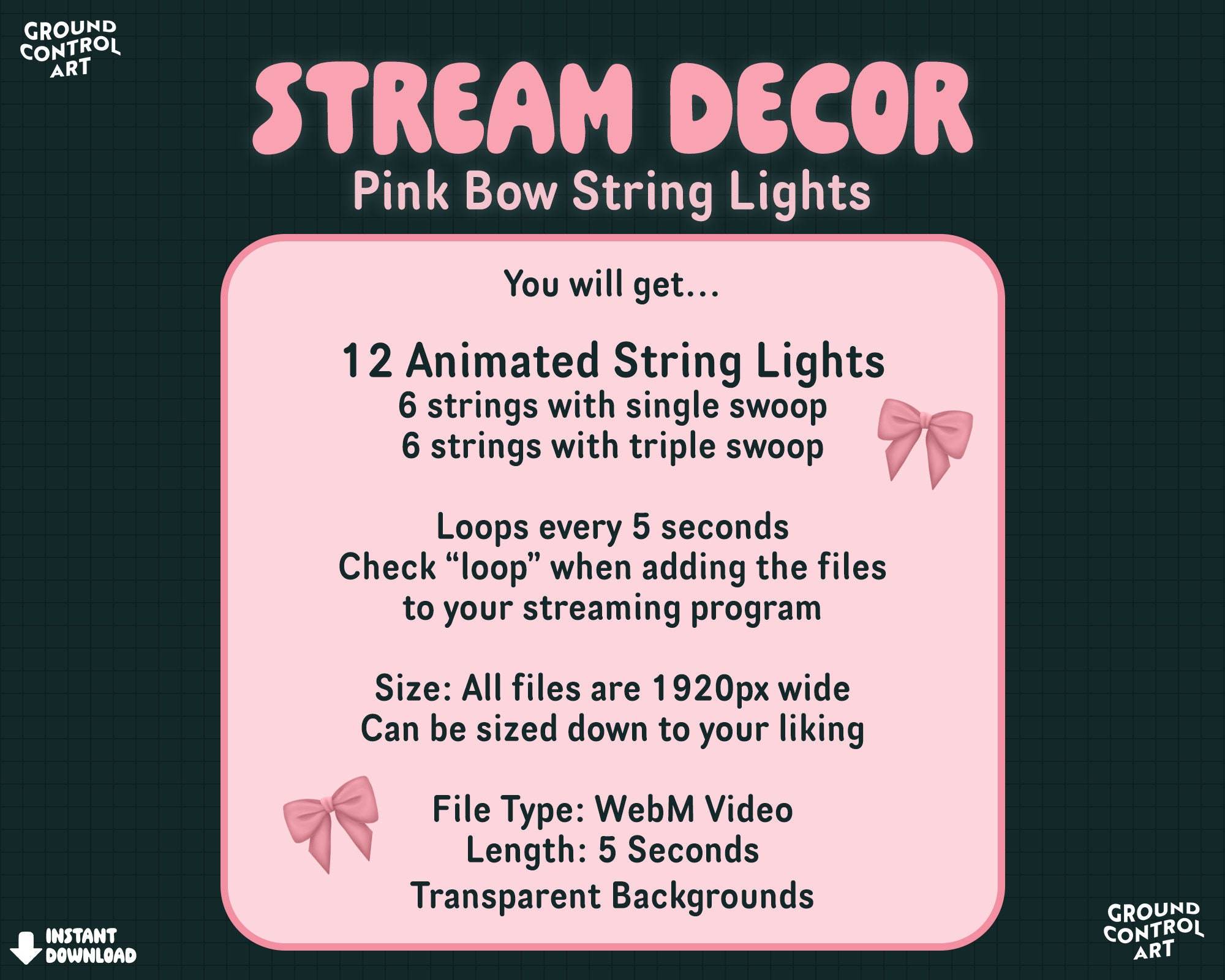 Pink Bow String Lights Animated Stream Decor | Livestream Decoration ...