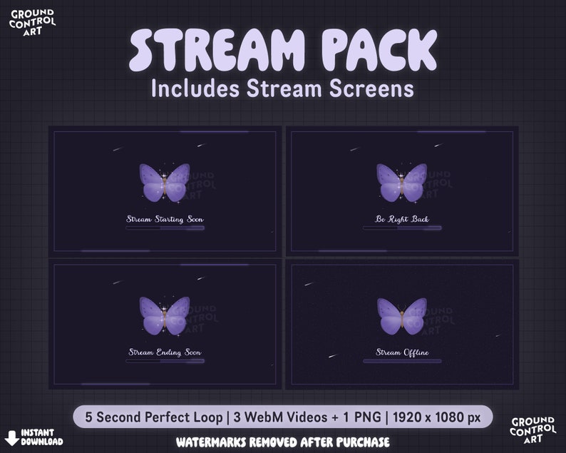 Purple Butterfly Sparkling Stream Pack | Animated Livestream Overlay ...