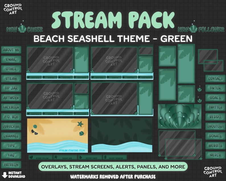 Green Beach Seashell Stream Pack | Animated Livestream Overlay Pack ...