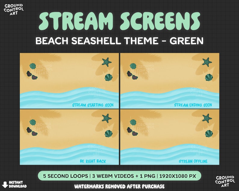 Green Beach Seashell Stream Pack | Animated Livestream Overlay Pack ...