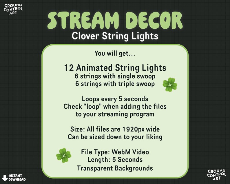 Four Leaf Clover String Lights Animated Stream Decor | Livestream ...