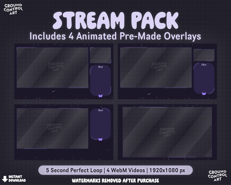 Purple Butterfly Sparkling Stream Pack | Animated Livestream Overlay ...