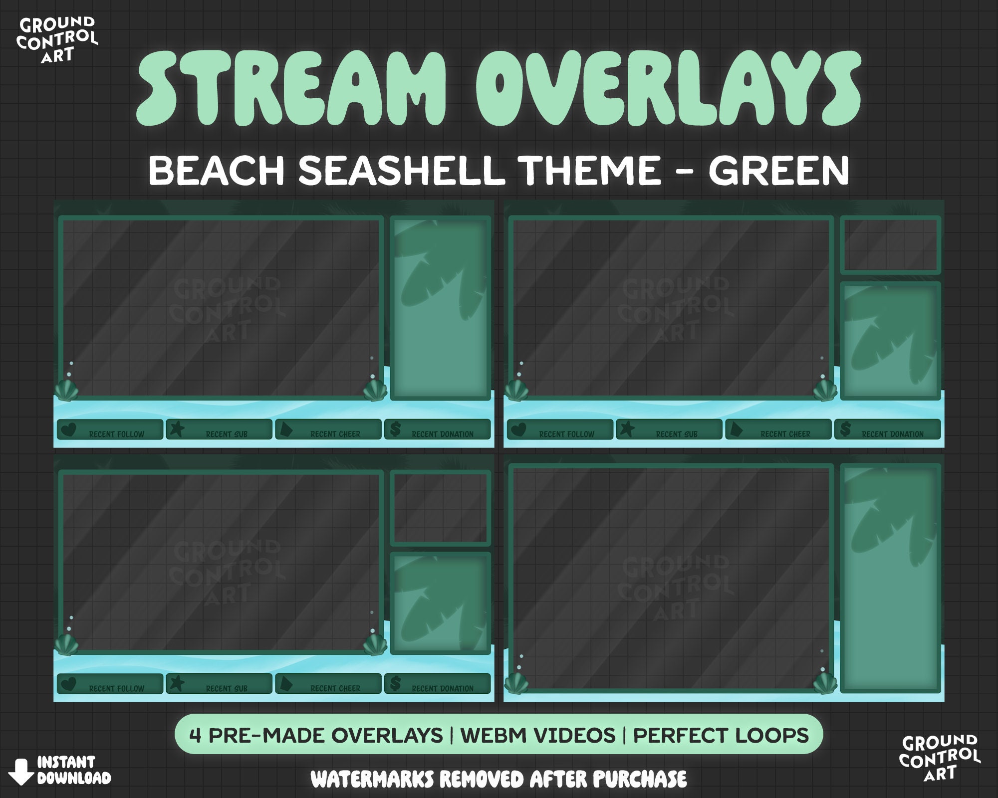 Green Beach Seashell Stream Pack | Animated Livestream Overlay Pack ...