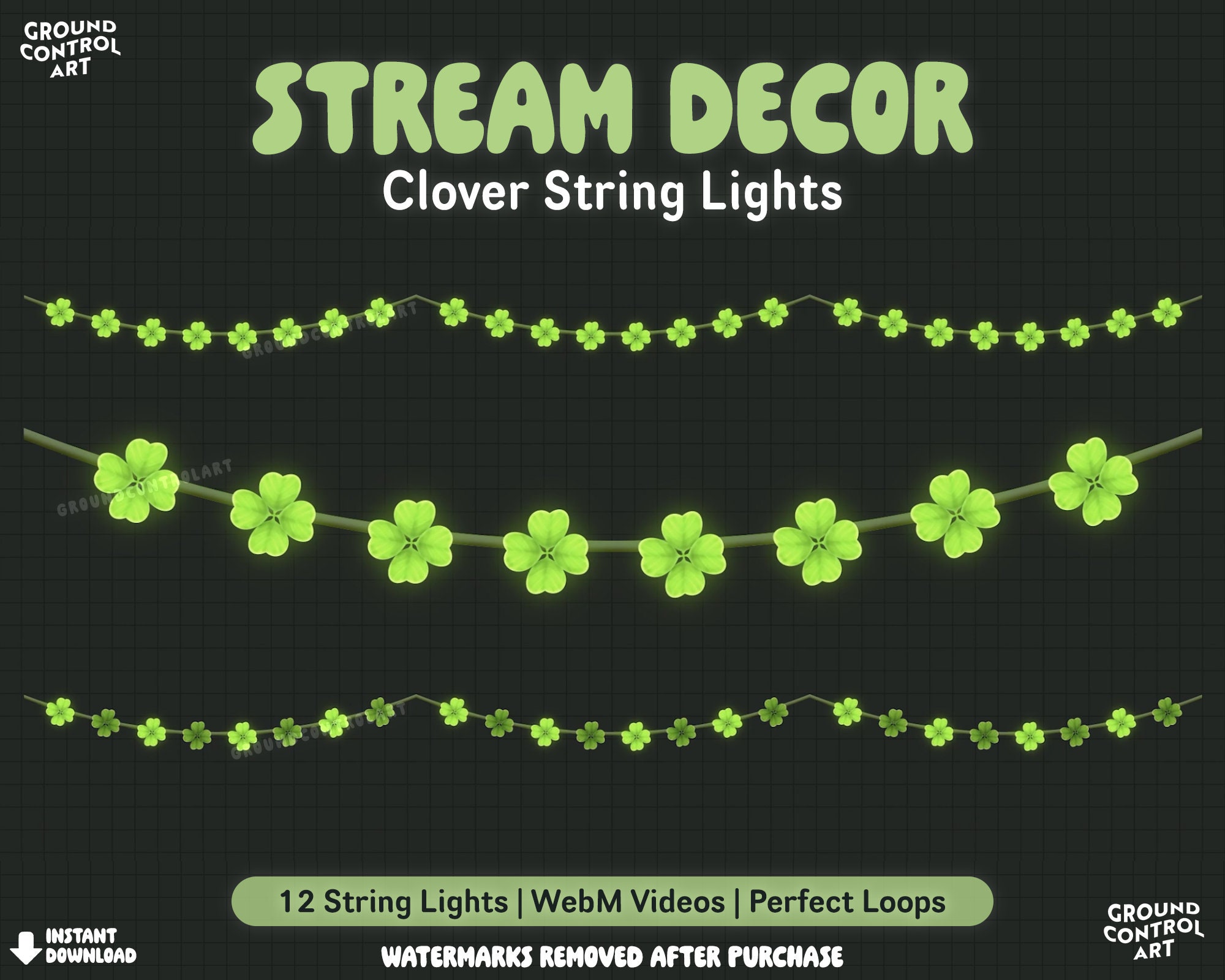 Four Leaf Clover String Lights Animated Stream Decor | Livestream Decoration | Green Twitch ...