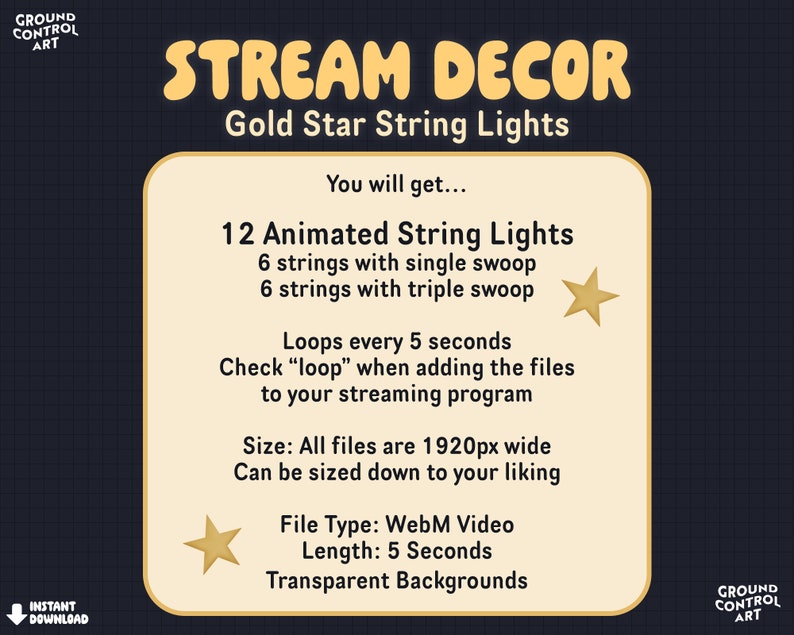 Gold Star String Lights Animated Stream Decor | Livestream Decoration ...