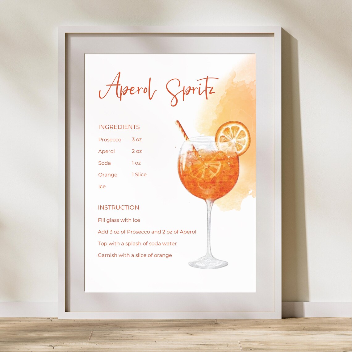 Aperol Spritz Watercolor Recipe With Ingredients | Cocktail Menu for ...