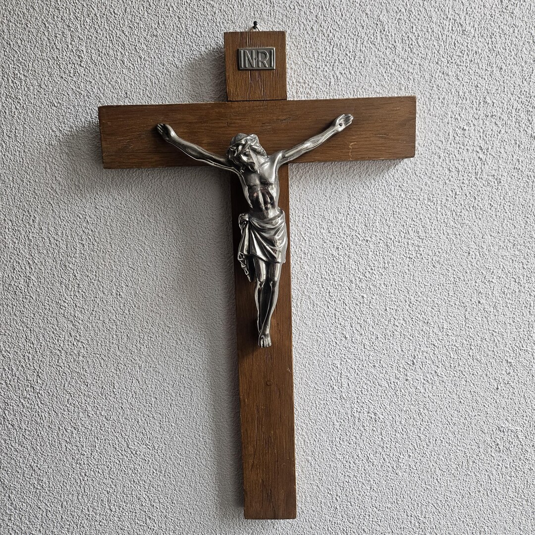 Beautiful, Large, Antique Wooden Cross With Jesus Christ, Silver-plated ...