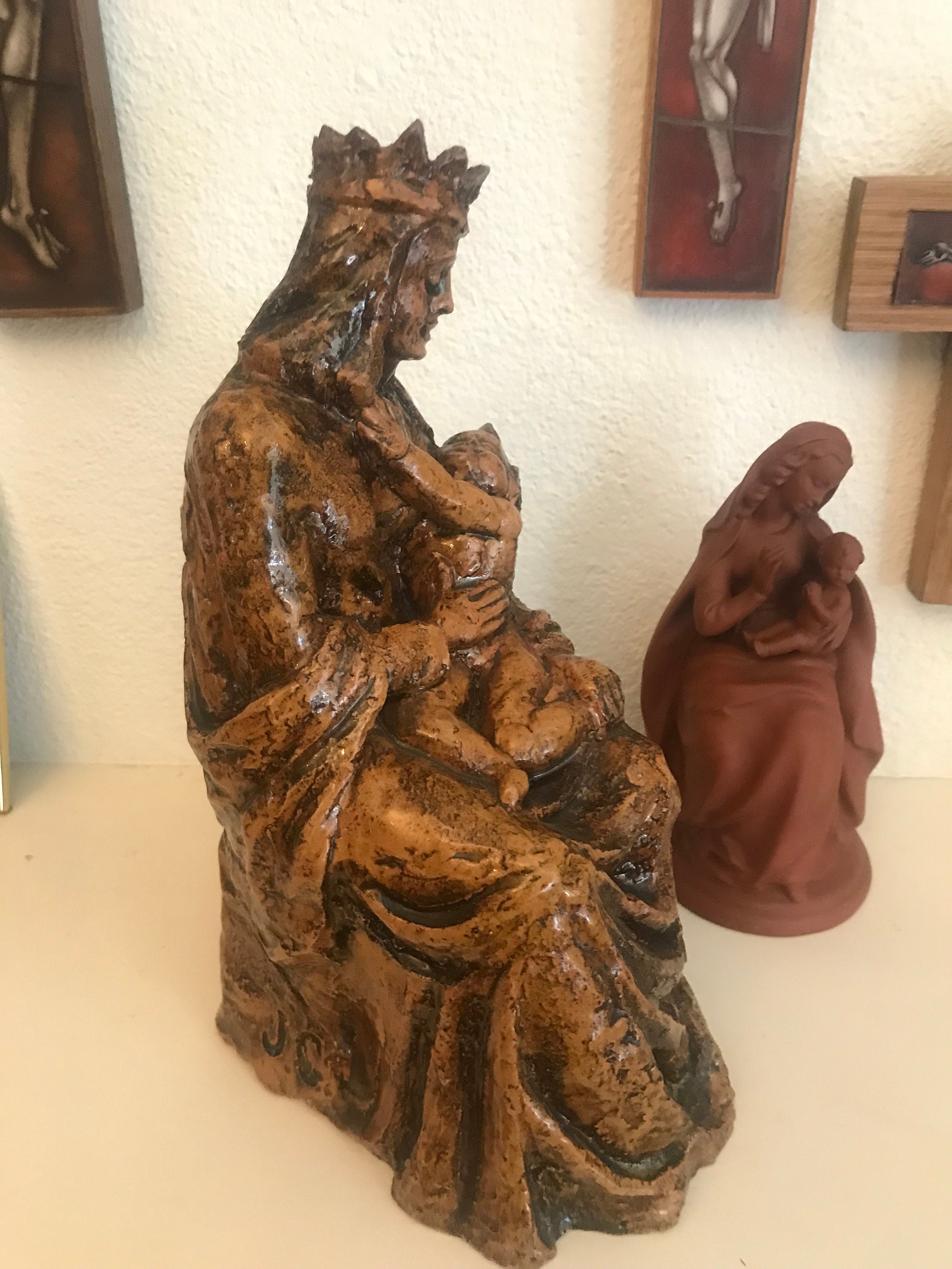 Holy Mother Mary With Baby Jesus Christ, 1800~, Pottery Statue ...