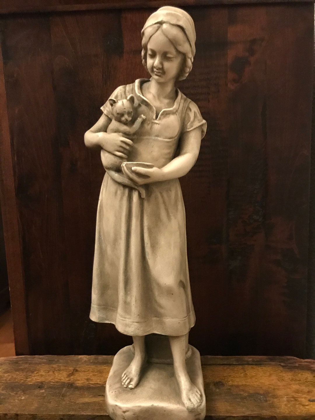 Meisje Met Kat 1905-1920, Antiek Nederlands Standbeeld Sculptuur ...