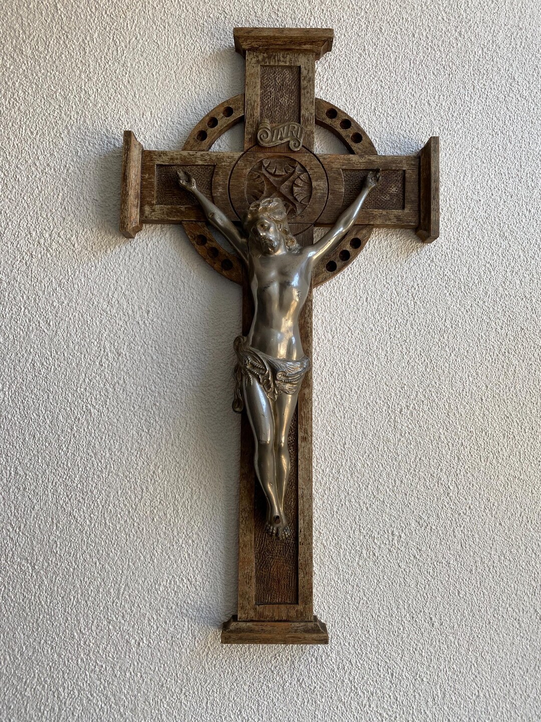 Large Very Old Crucifix Jesus Inri, Wood Carving With Silver-plated ...