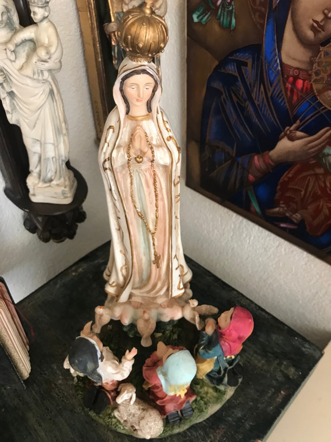 Lady Fatima Statue With Shepherd Children, Antique, Religious Statue ...