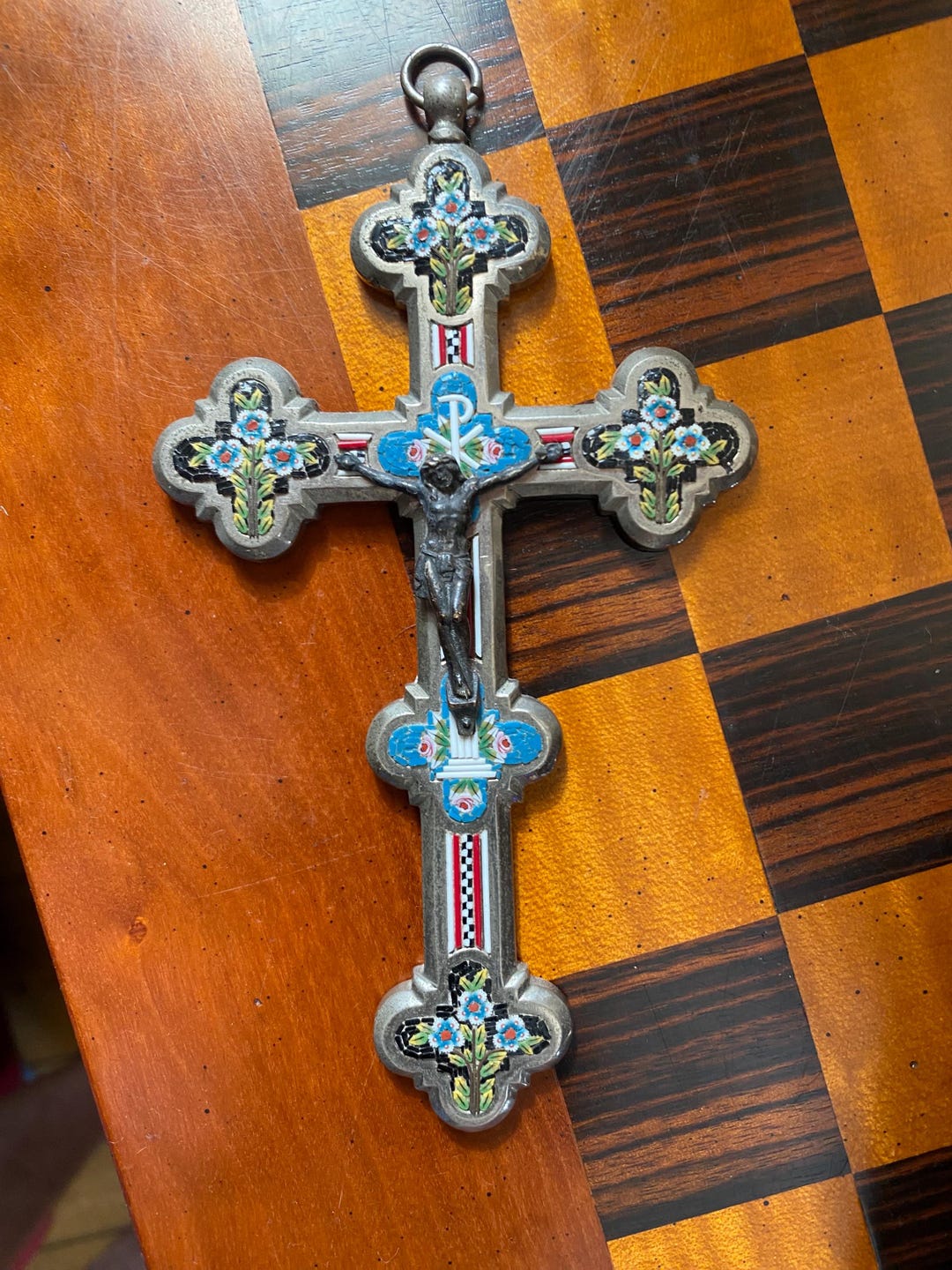 Bronze Glass Mosaic, Antique 1910, Crucifix Jesus Inri Silver, Made by ...