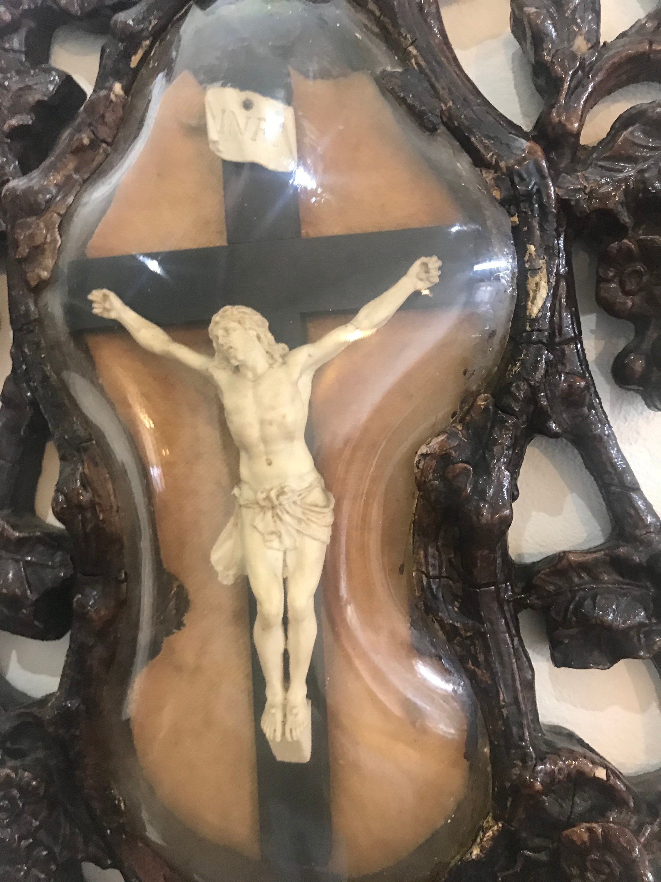 Very Old Wall Hanging, 1750, Jesus Inri on the Cross Behind Convex ...
