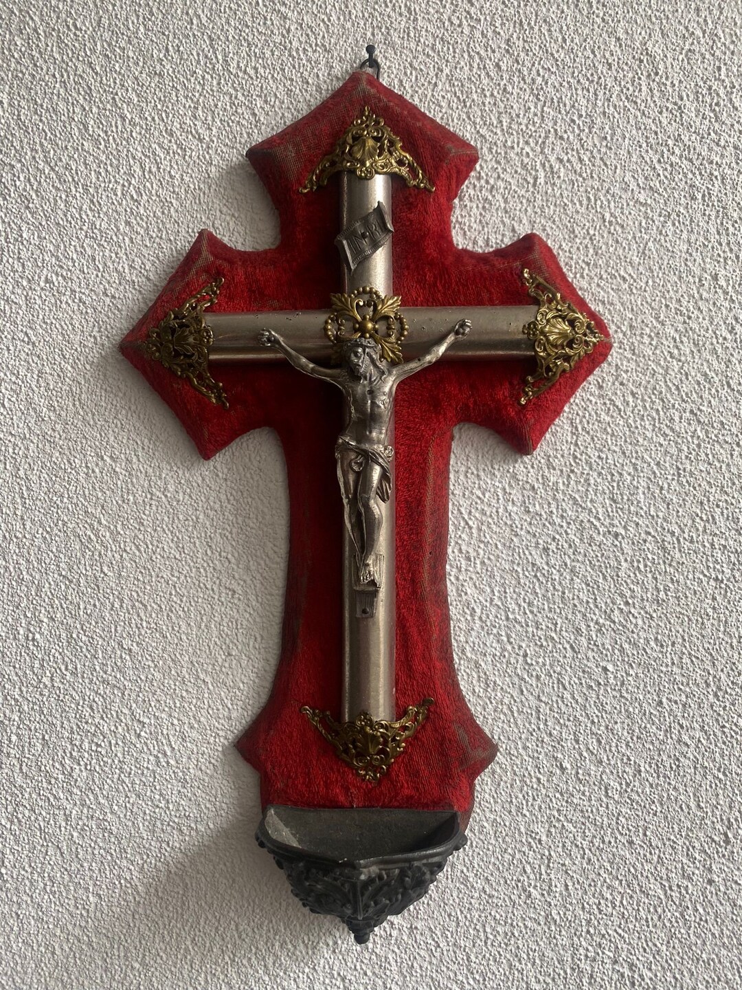 Very Large Antique French Crucifix With Holy Water Font, 40cm X 21cm ...