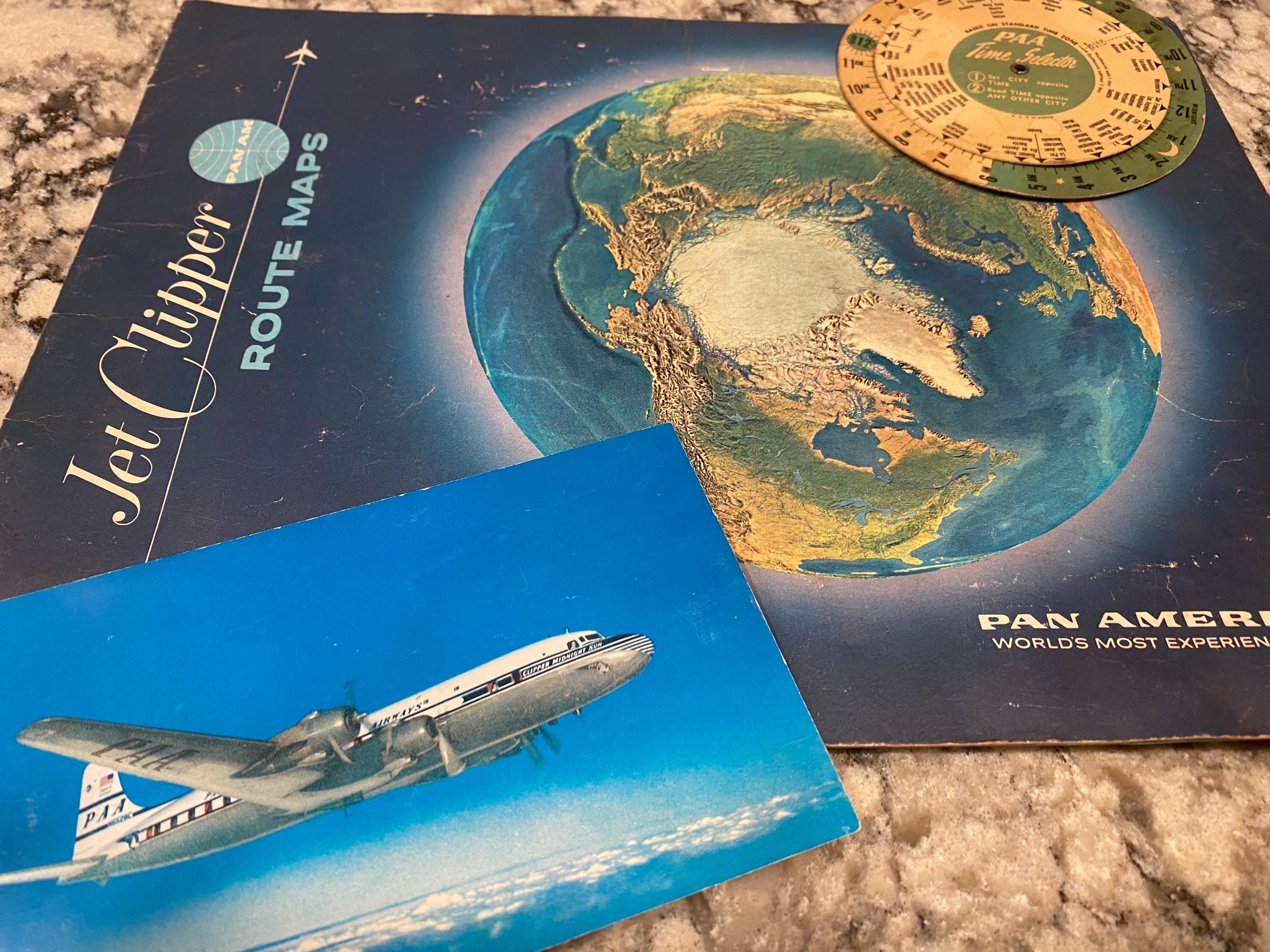 Vintage Pan Am Airline Route Map, Time Selector & Postcard - Retro ...