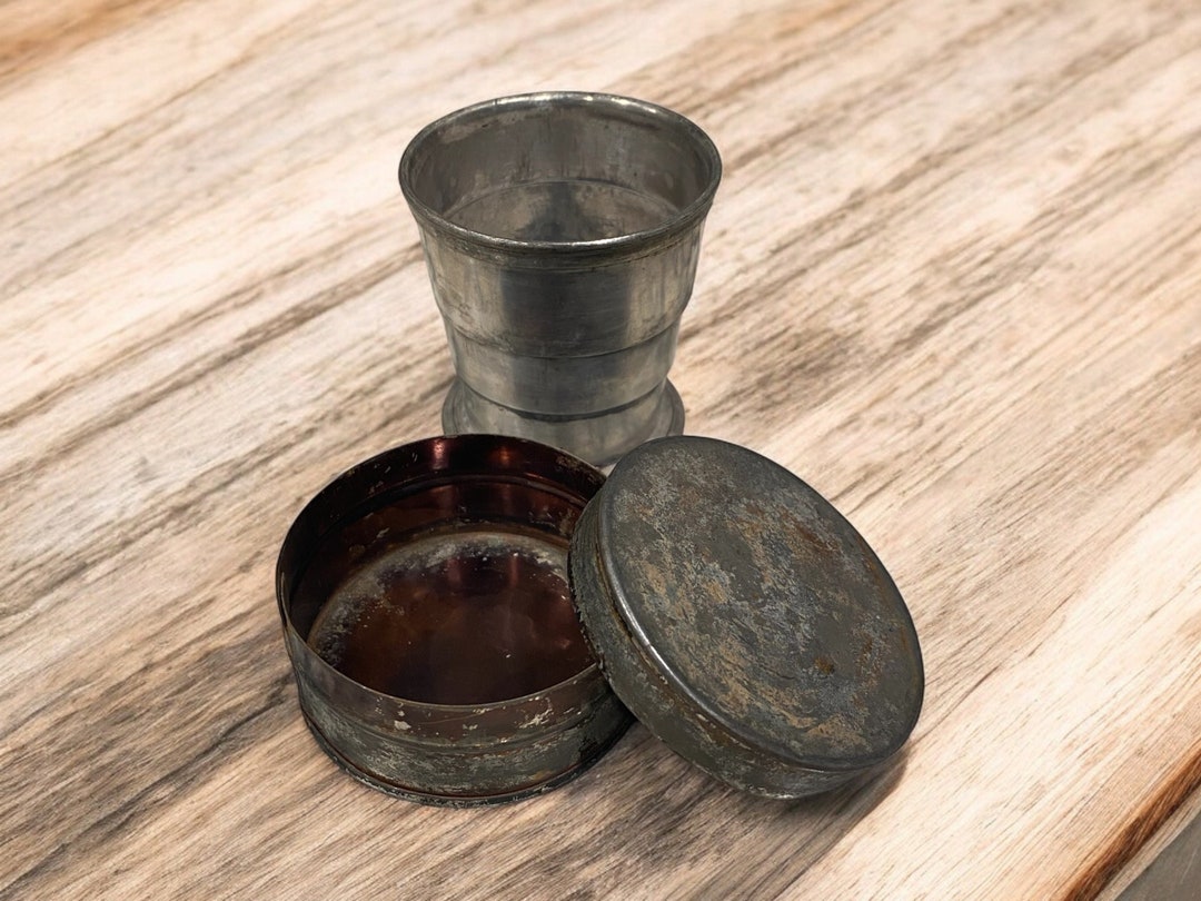Antique Collapsible Metal Cup and Tin Container, Civil War Era Travel ...