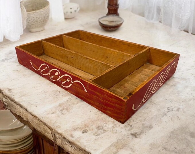 Vintage Red Wooden Utensil Tray - Etsy