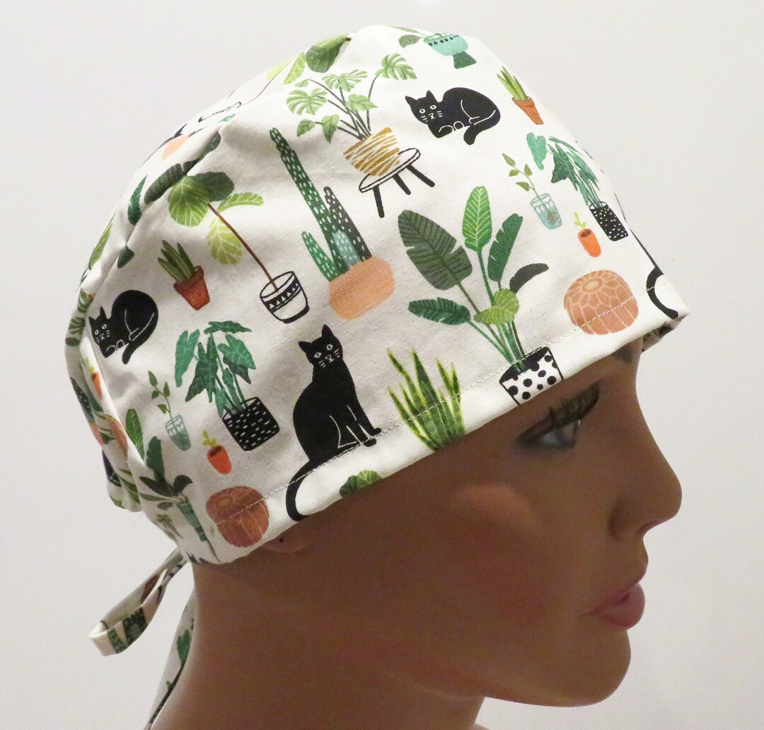 Cat Design Hats, Black Cat Design Hats, Surgical Scrub Cap, Plant ...