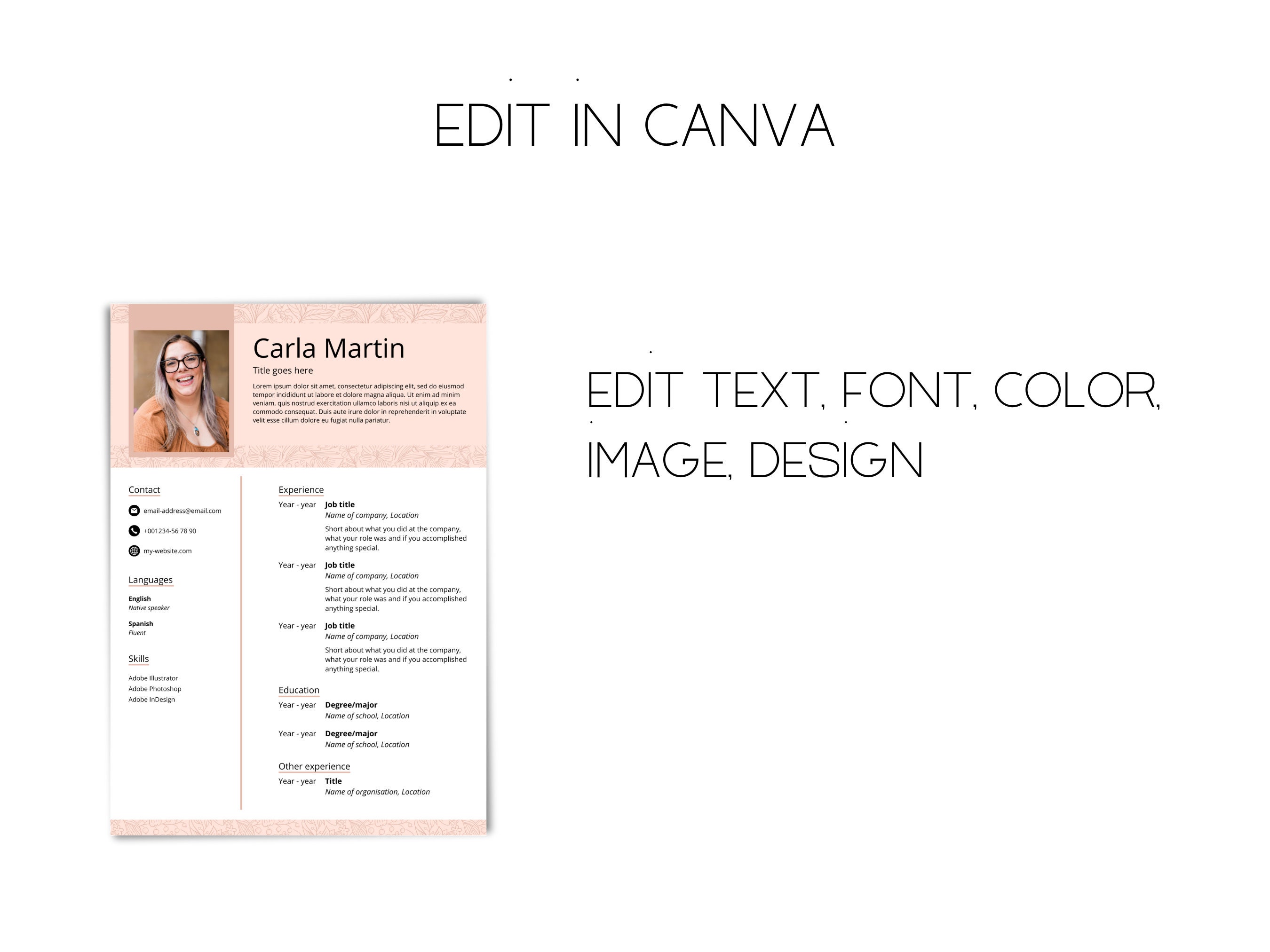Canva Resume Template, CV Template for Canva, Pink Resume, Elegant ...