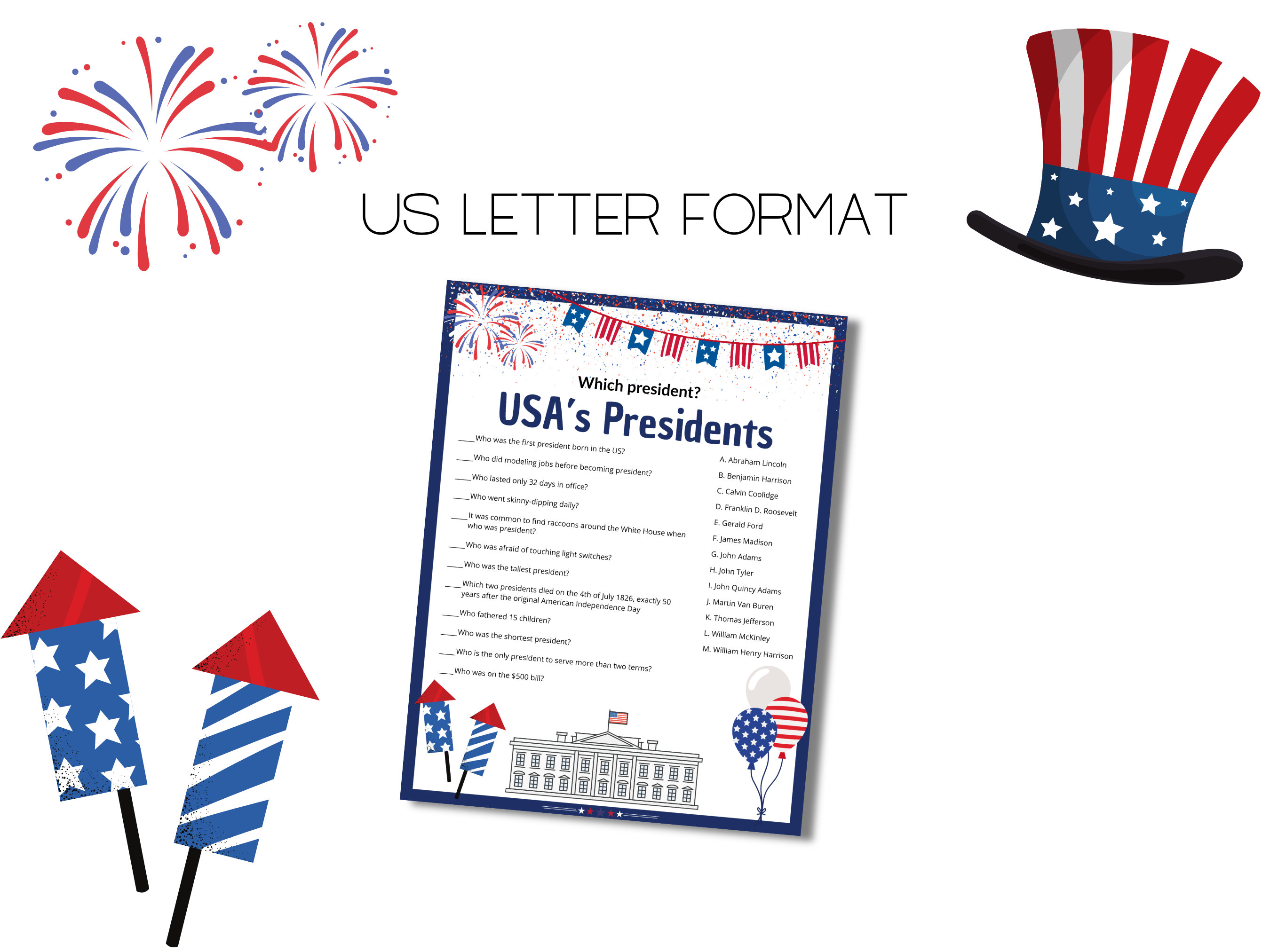 Usa's Presidents Printable Game, 4th of July Game, Independence Day ...