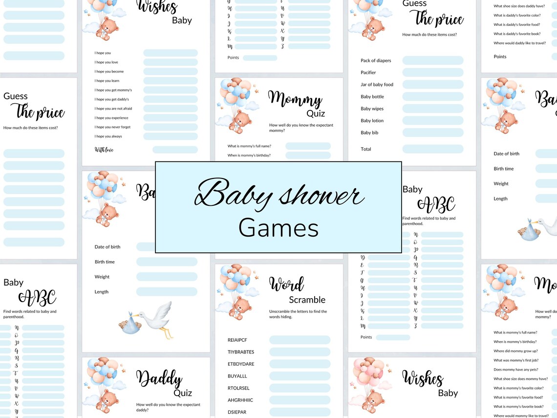 Baby Shower Games Printable Blue Baby Shower Games Bundle Gender ...