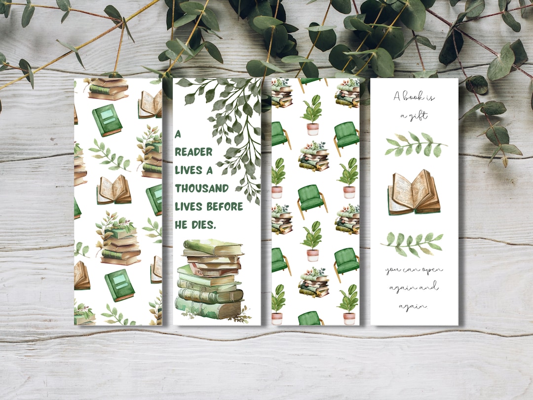 Printable Bookmarks, Greenery and Books, Book Pattern, Bookmarks Set of ...