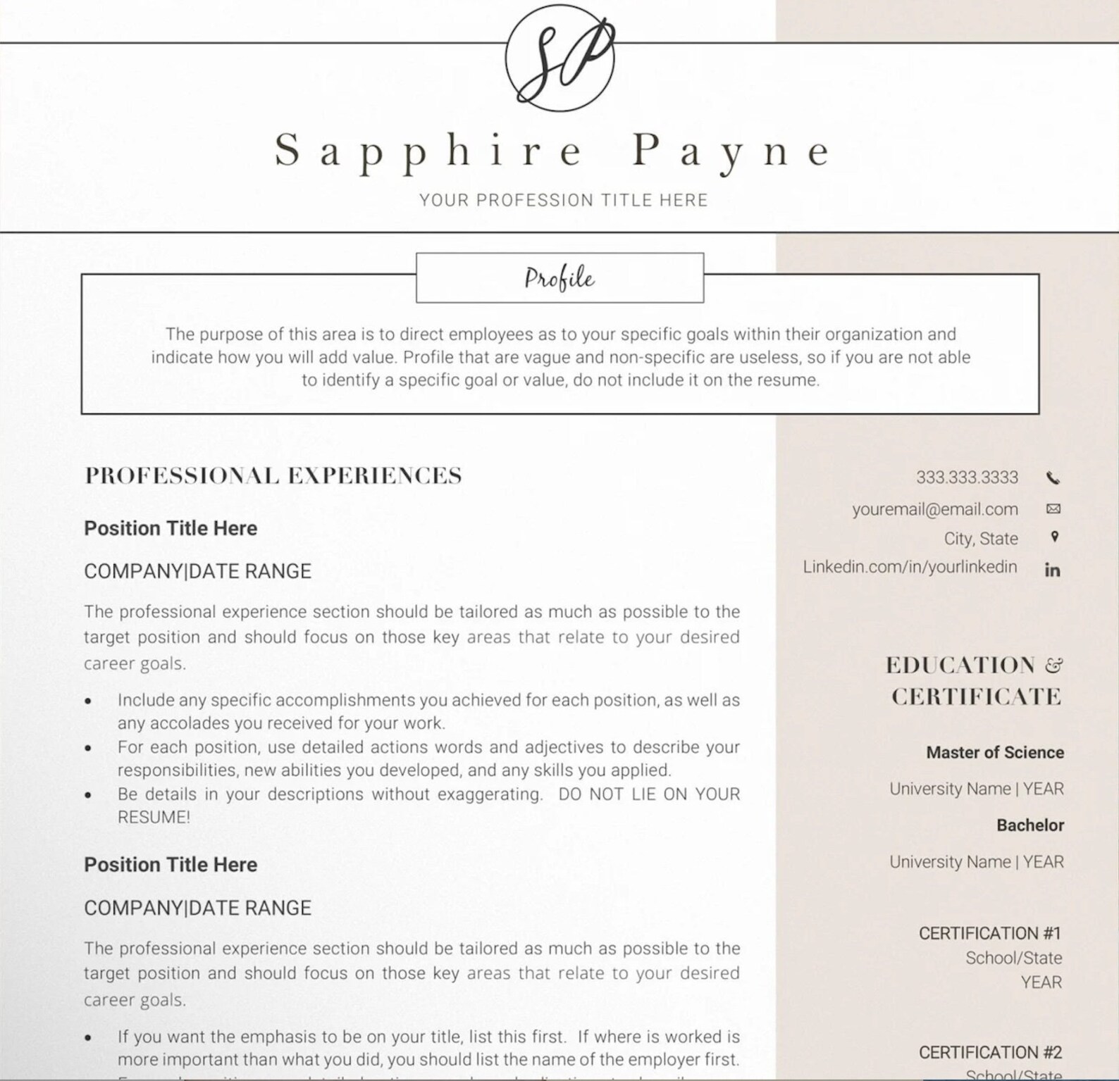 Professional Resume Template | Classy CV Template | CV Resume Template ...