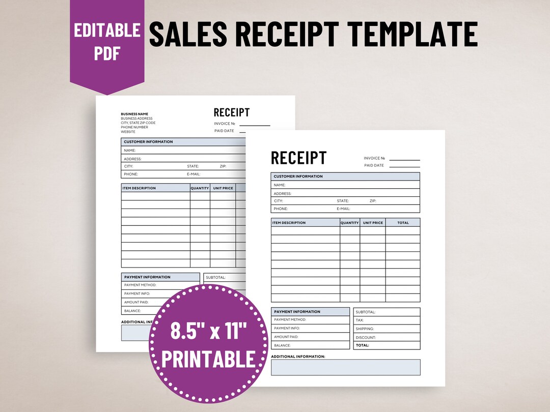 Sales Receipt Template; Editable Sales Receipt; Sales Receipt Printable ...