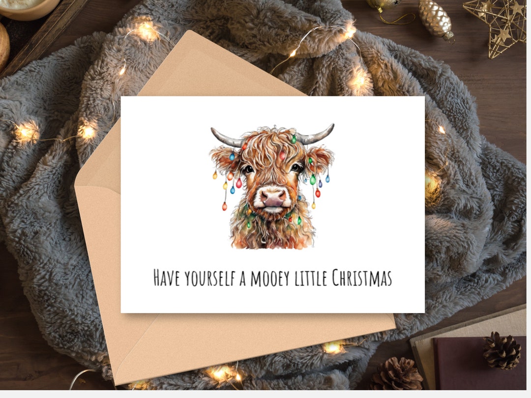 Christmas Card Baby Highland Cow, Whimsical Holiday Postcard, Digital ...