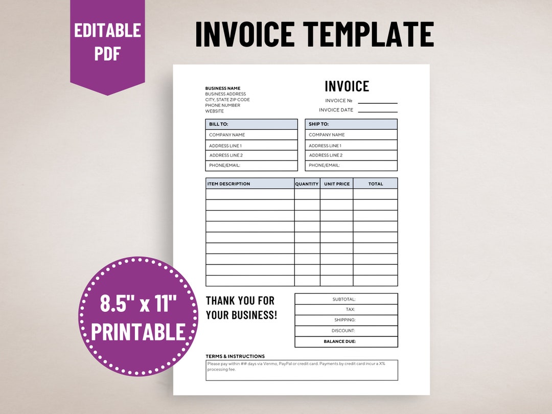 Invoice Template; Editable Invoice; Fillable Invoice; Editable PDF ...