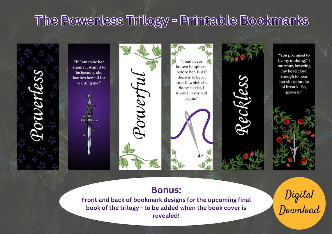 Printable Bookmarks Inspired by the Powerless Trilogy by Lauren Roberts ...