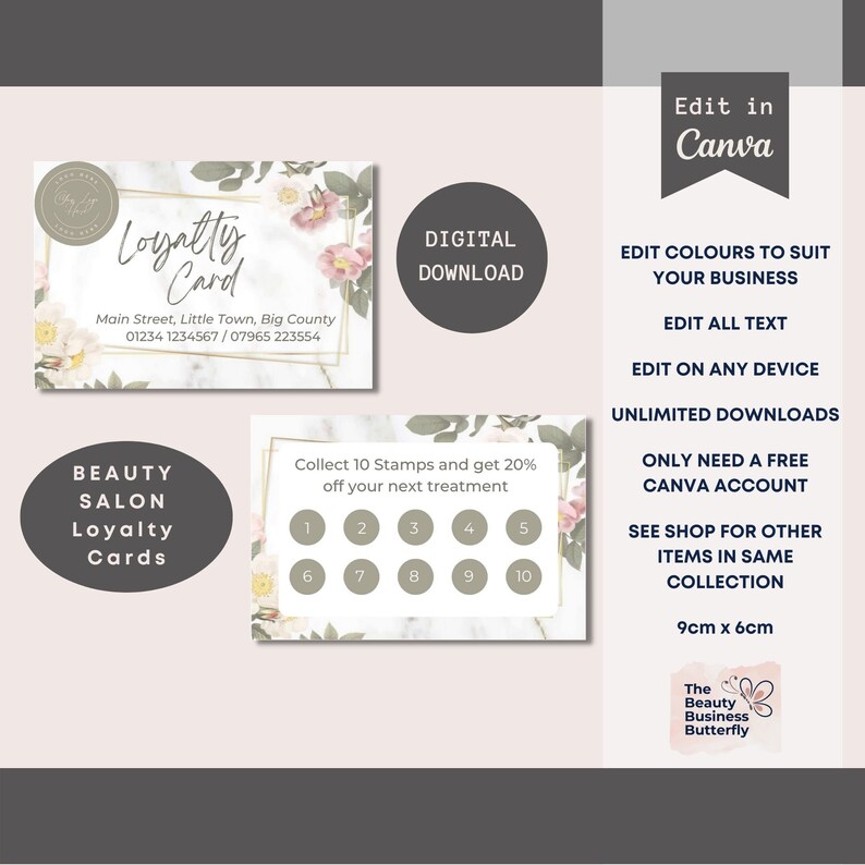 Beauty Salon Loyalty Card, Editable Pink Floral Loyalty, Printable ...