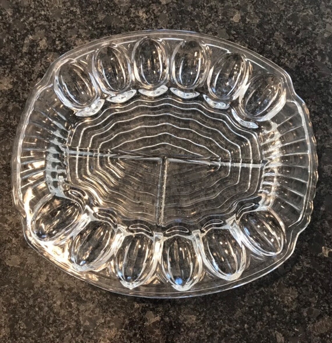 Vintage Glass Deviled Egg Plate Platter Serving Tray 3 Dividers for ...