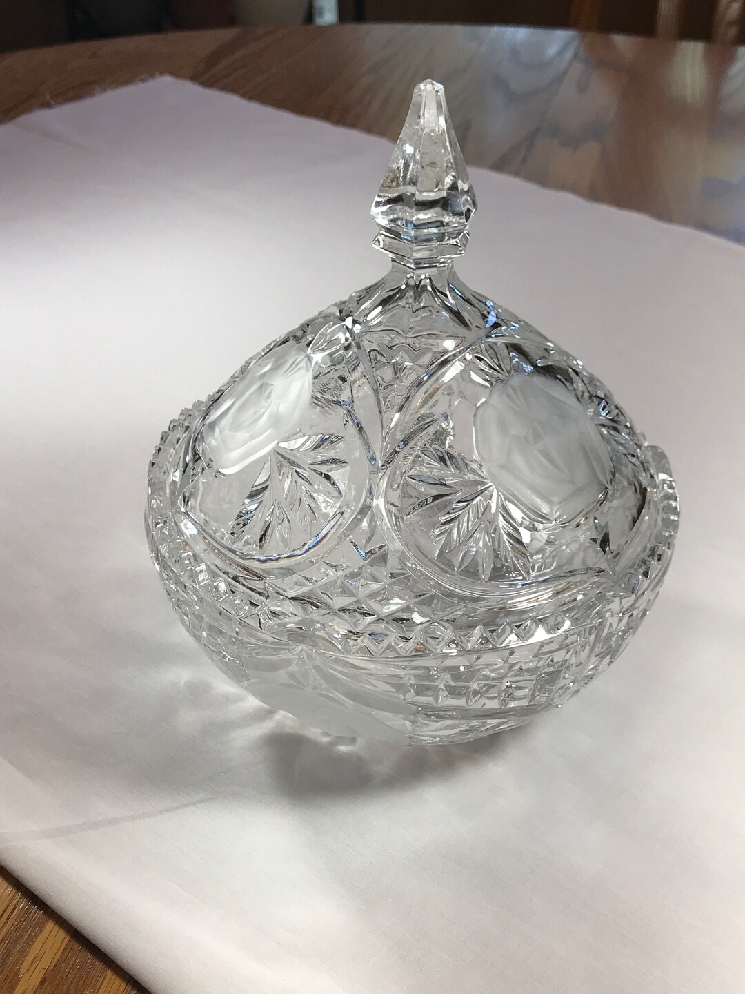 Crystal Etched Lead Candy Trinket Dish With Frosted Rose Pattern on Lid ...