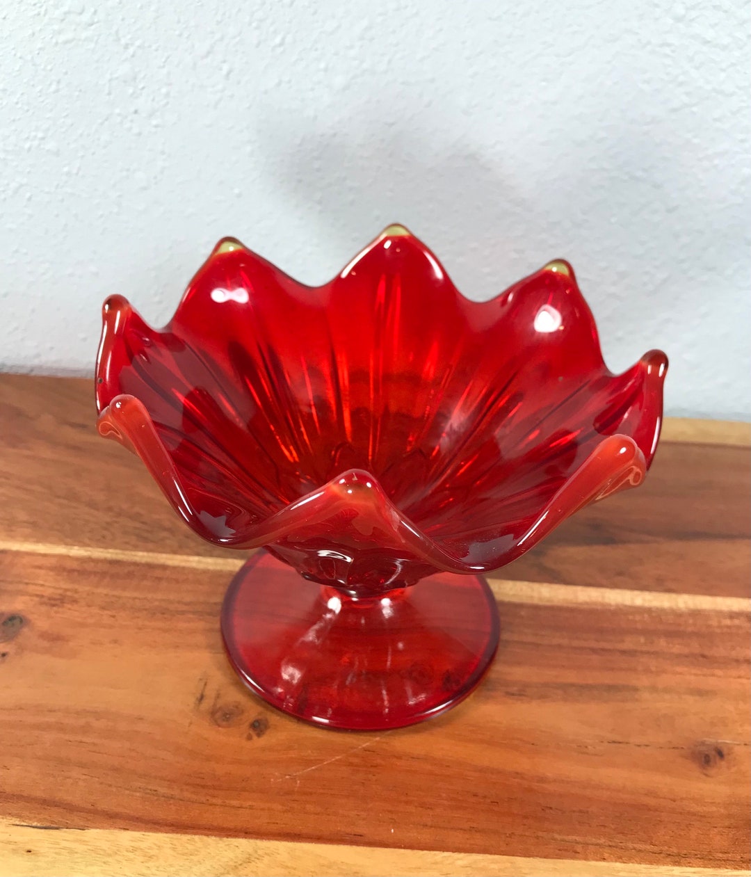 Viking Footed Candy Compote Dish Ruby Red With Amberina Tips and Flower ...