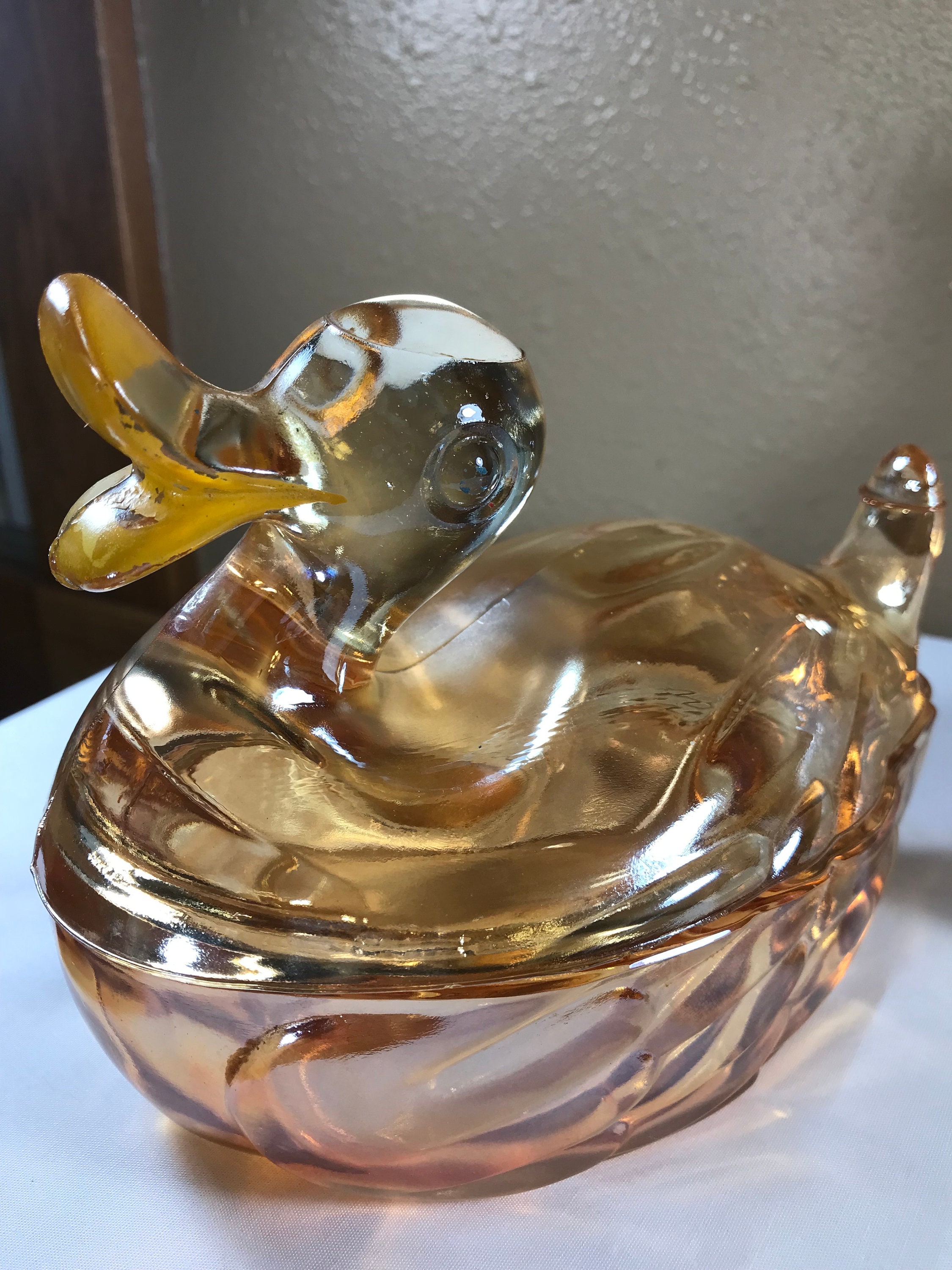 Jeanette Carnival Glass Nesting Duck Iridescent Milk Glass & Turquoise Chicken Nesting Hen ...