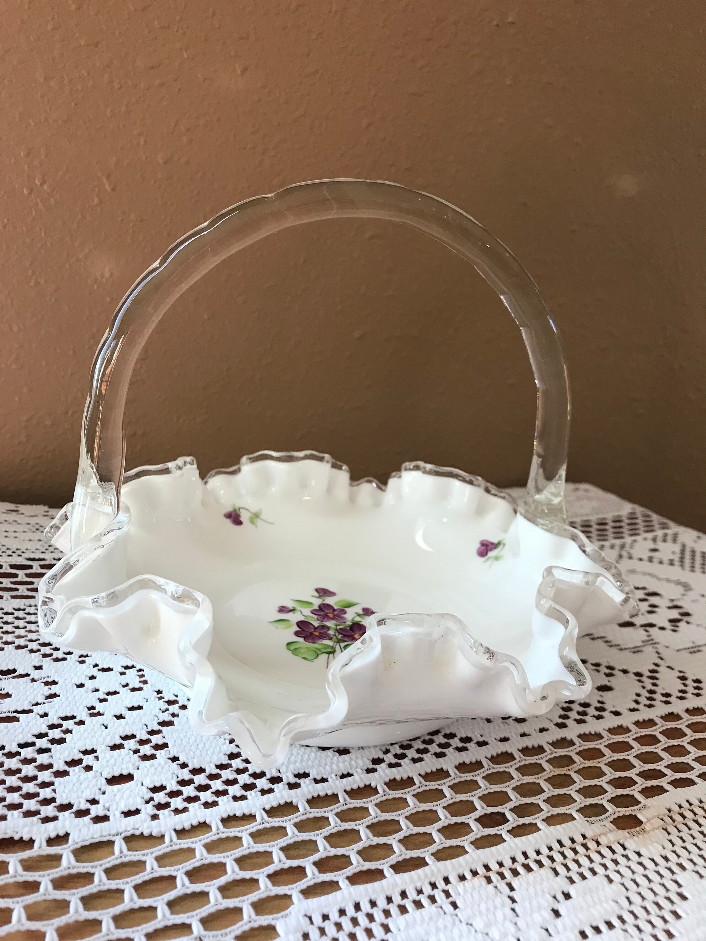 Fenton Silver Crest Handpainted Milk Glass Basket Fluted Ruffle Rim 6.5 ...
