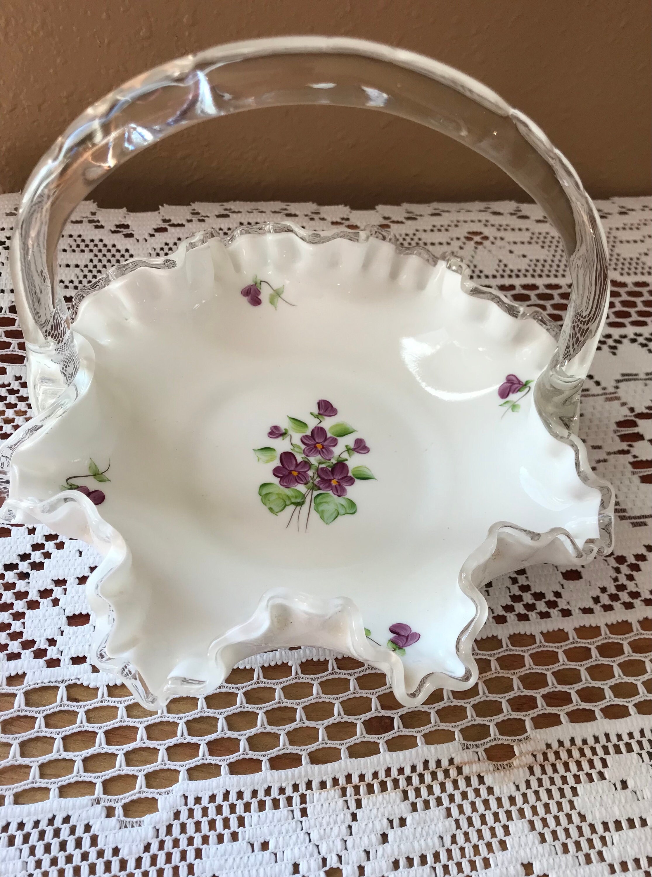 Fenton Silver Crest Handpainted Milk Glass Basket Fluted Ruffle Rim 6.5 ...