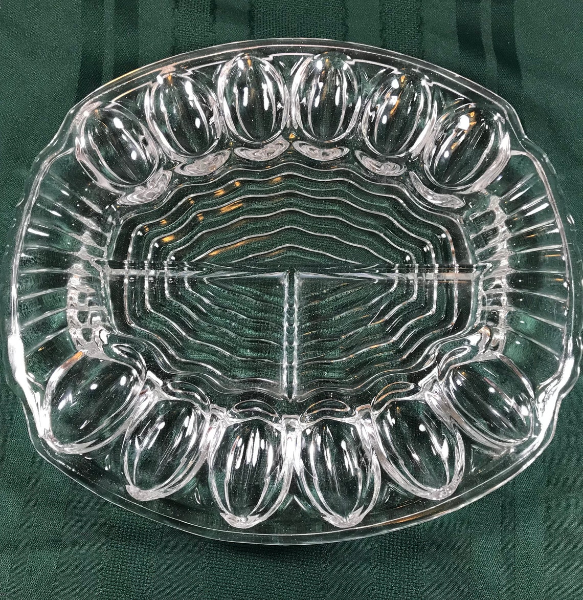 Vintage Glass Deviled Egg Plate Platter Serving Tray 3 Dividers for ...