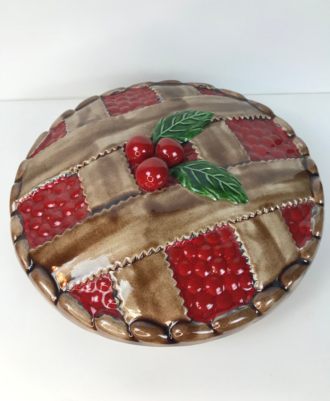 Cherry Pie Plate With Glazed Painted Lid Made in Portugal Hand Painted 11” W 4.5”T Country ...