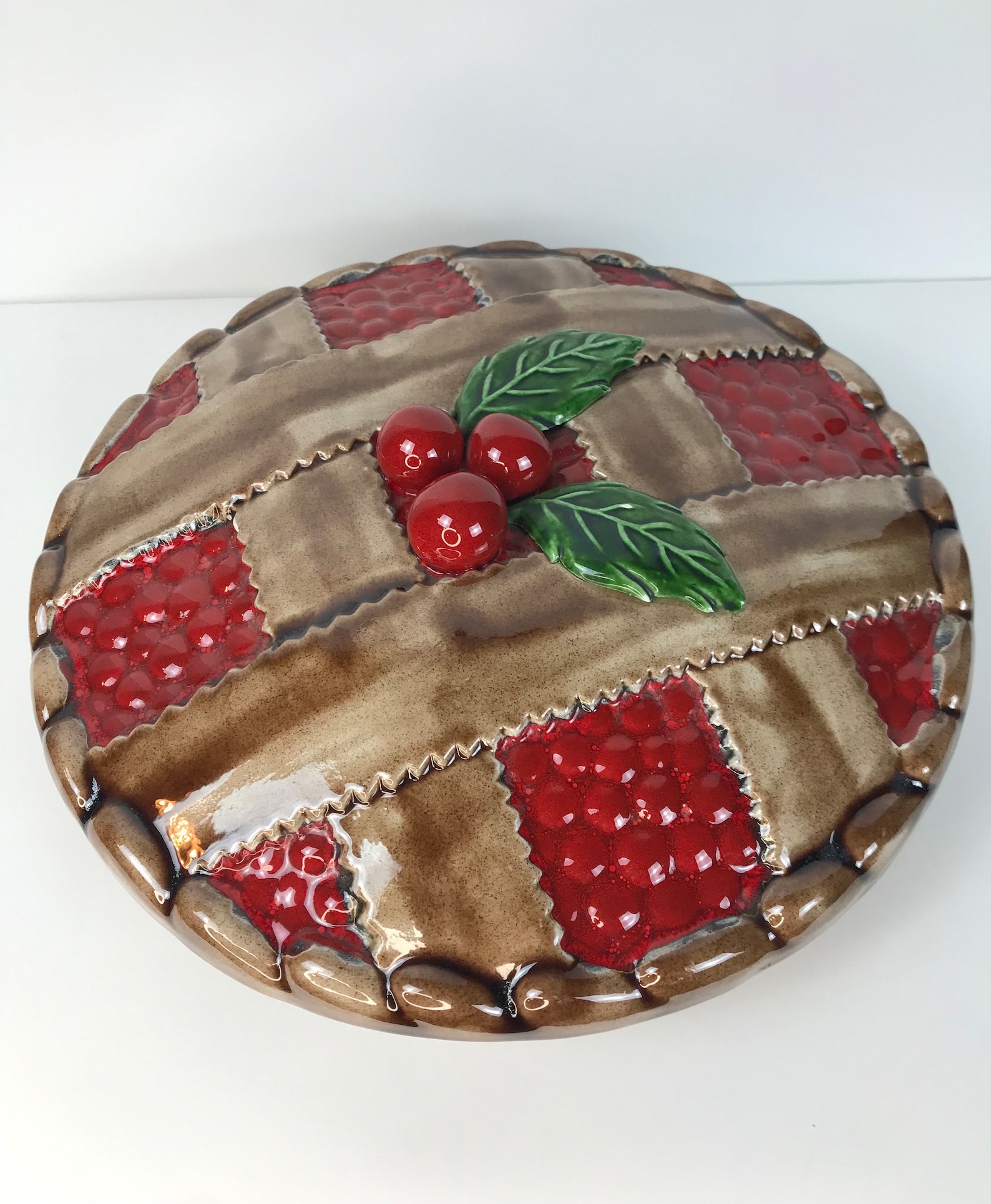 Cherry Pie Plate With Glazed Painted Lid Made in Portugal Hand Painted ...