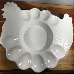 White Ceramic Hen Rooster Shape Deviled Egg Plate Platter Serving Tray ...