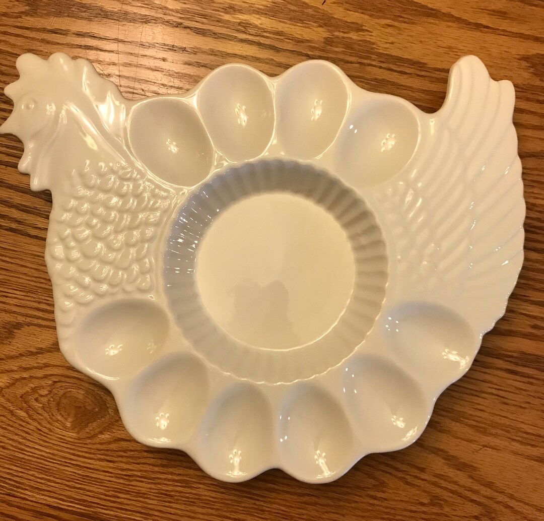 White Ceramic Hen Rooster Shape Deviled Egg Plate Platter Serving Tray ...
