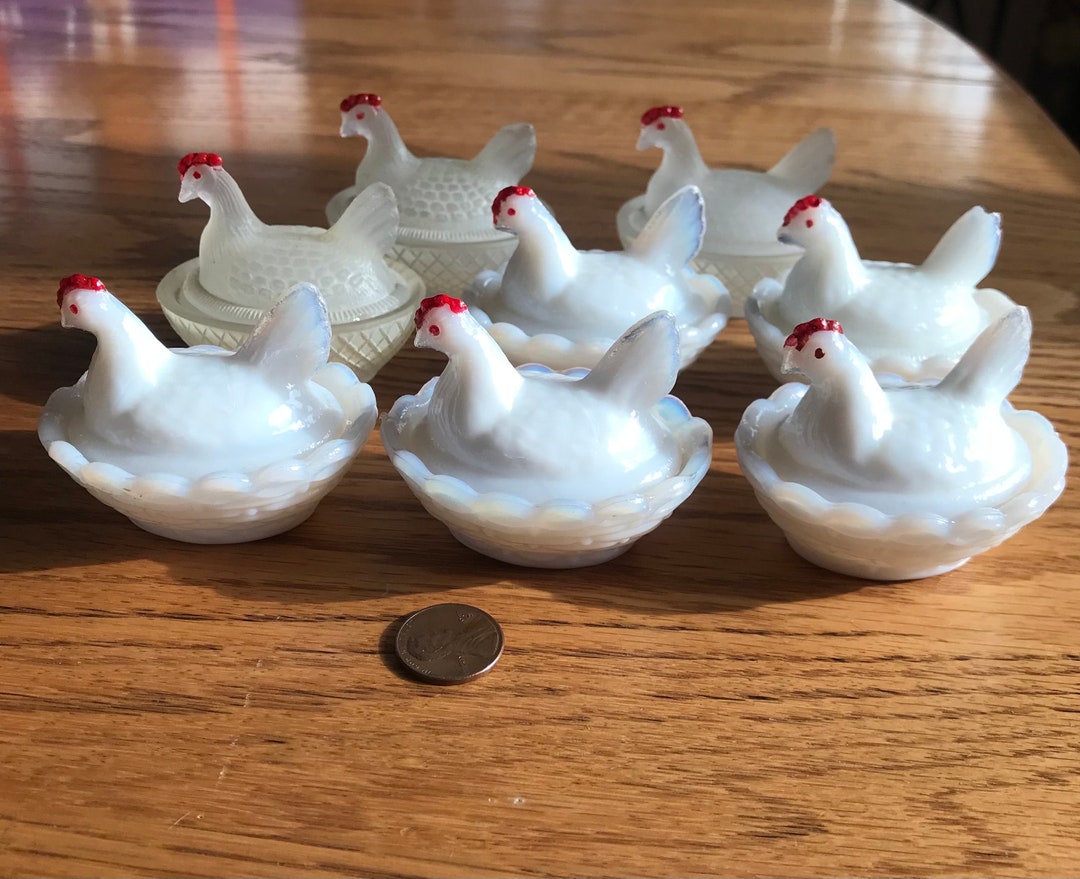Miniature Chicken Hen on A Nest Iridescent Ceramic Glass Frosted Glass ...