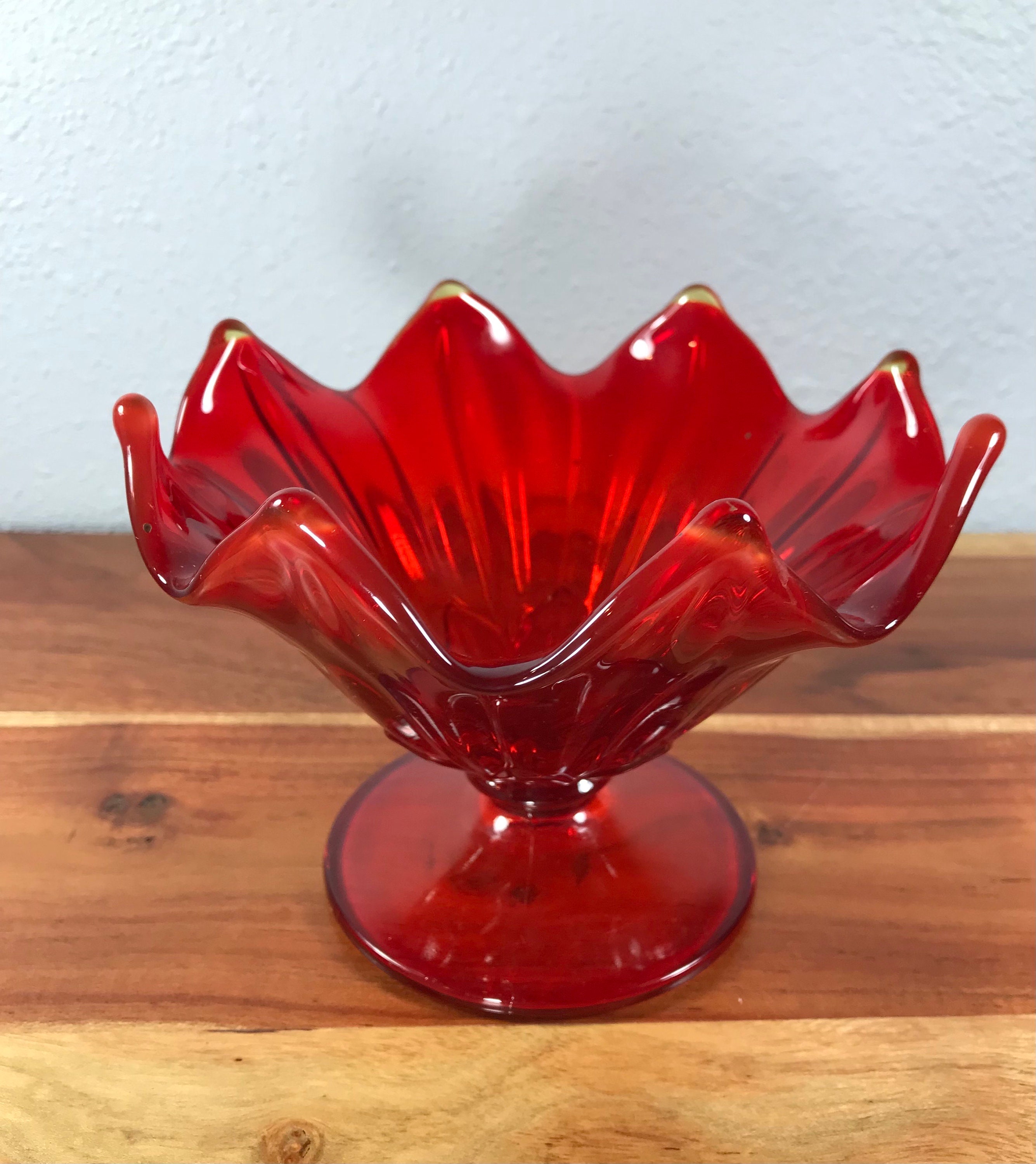 Viking Footed Candy Compote Dish Ruby Red With Amberina Tips and Flower ...