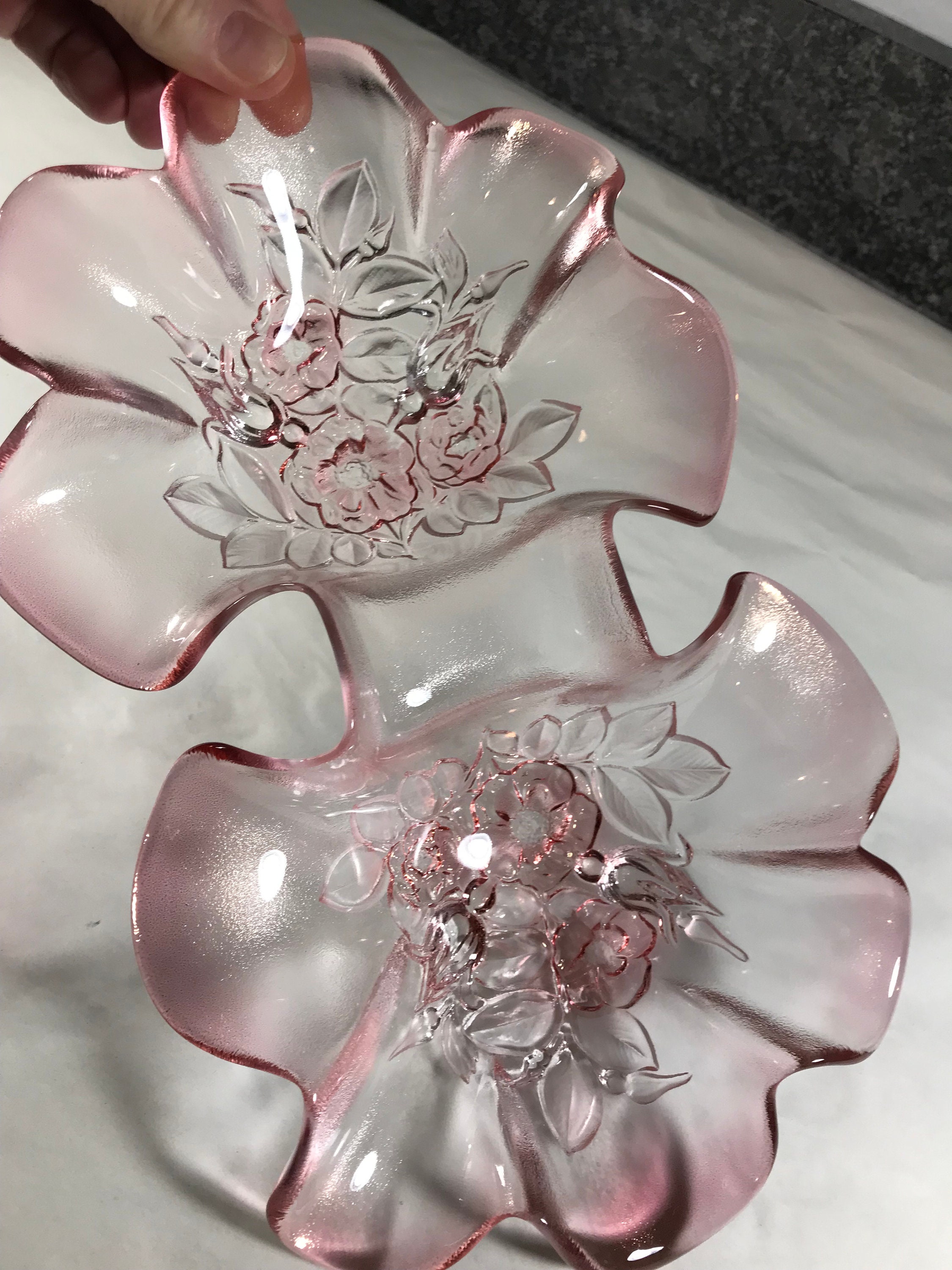 Mikasa Rosella Pink Flower Frosted Leaf Crystal Ruffled Relish ...